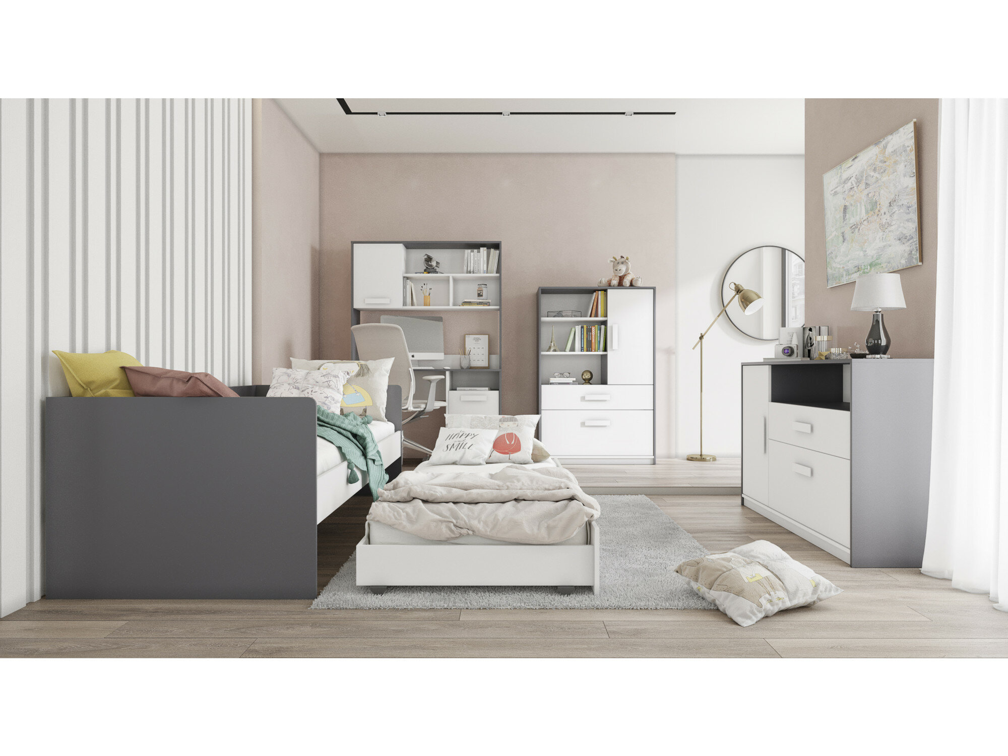 Подростковая спальня для двоих детей в современном стиле, Графит/Белый