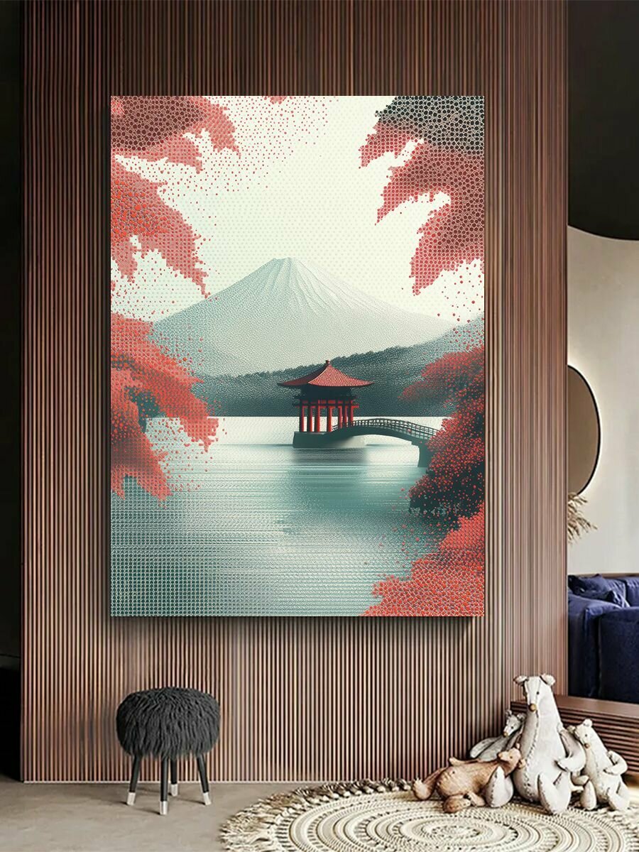 Картина интерьерная - "Пейзаж в японском стиле / гора Фудзи и сакура" , 40х60 см.