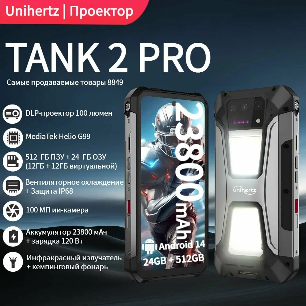 Защищенный смартфон Unihertz TANK 2 Pro 12/512 ГБ ,23800мАч, 1200 Люмен, Проектор, Ночная Камера, Гарантия 1 год