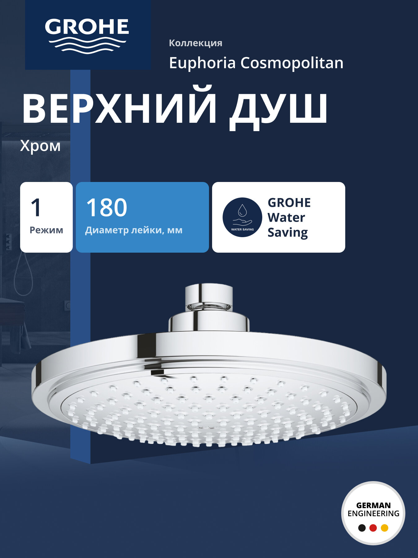 Верхний душ GROHE Euphoria Cosmopolitan, 1 режим, диаметр 180 мм, с ограничением расхода воды, хром (27492000)