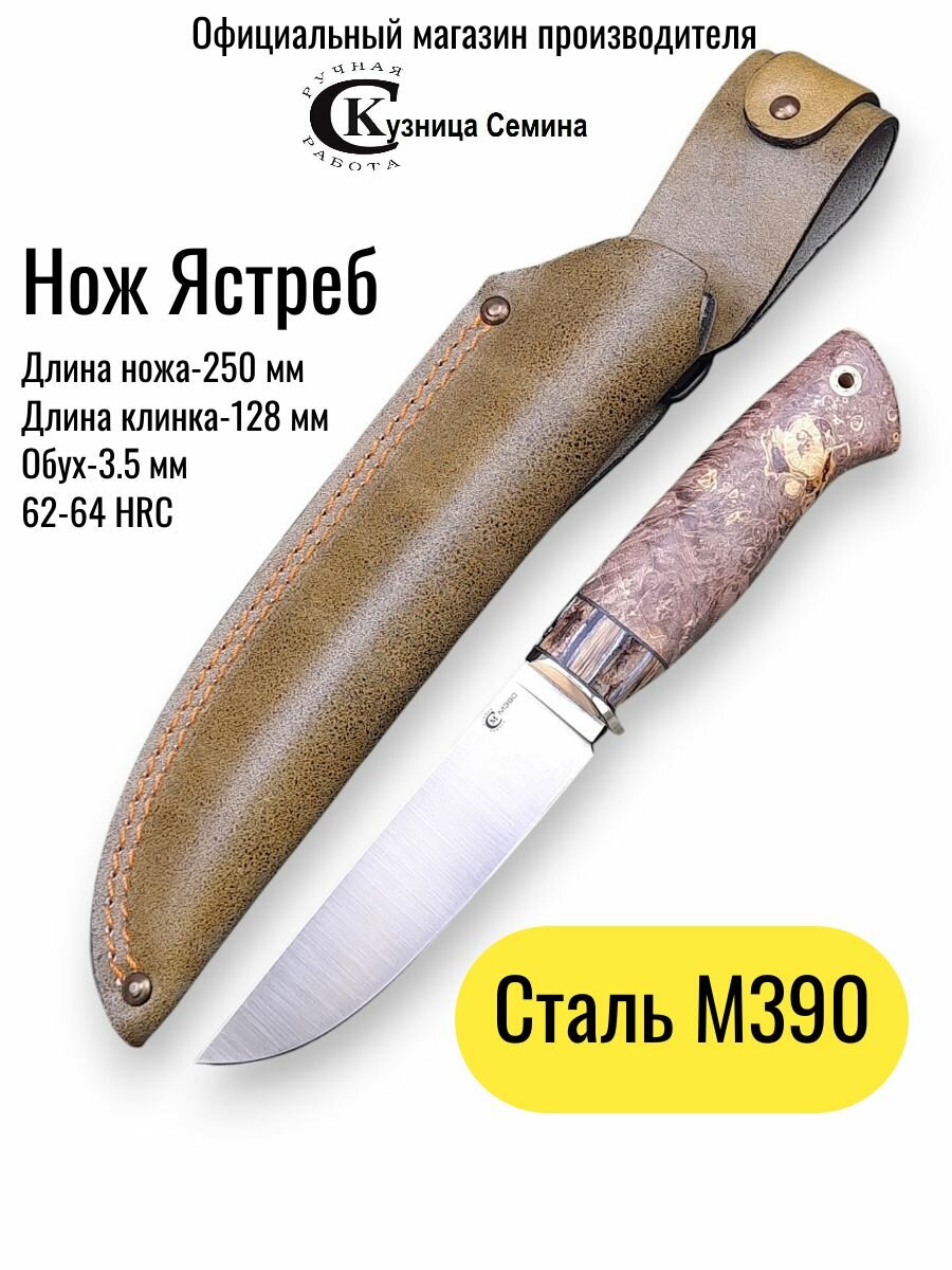 Нож сталь М390 Ястреб, рукоять стабилизированный кап клена, мельхиор, зуб мамонта, ножны из натуральной кожи, официальный производитель Кузница Семина Ю. М.