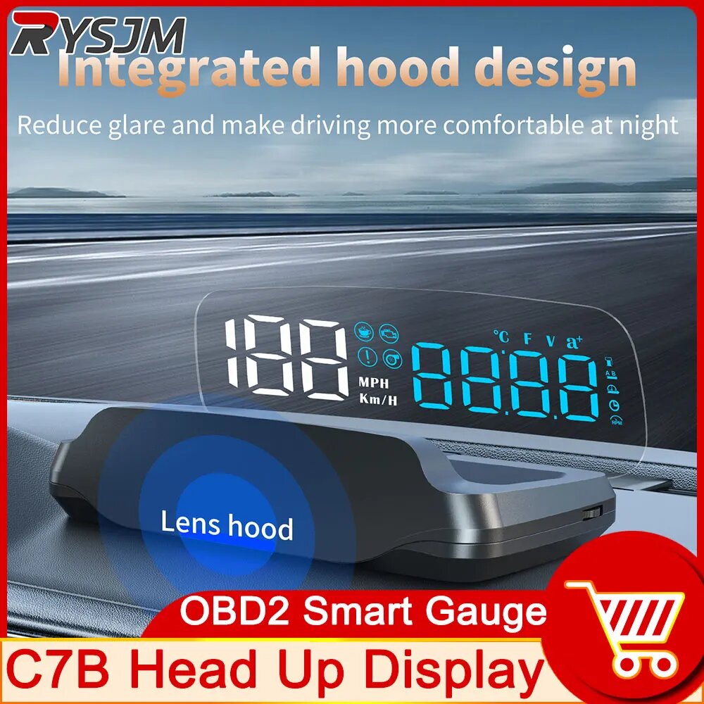 C7B OBD2 HUD Автомобильный проекционный дисплей Проектор на лобовом стекле Авто электроника Спидометр Расхождение топлива Температура Сигнализация Держатель датчика