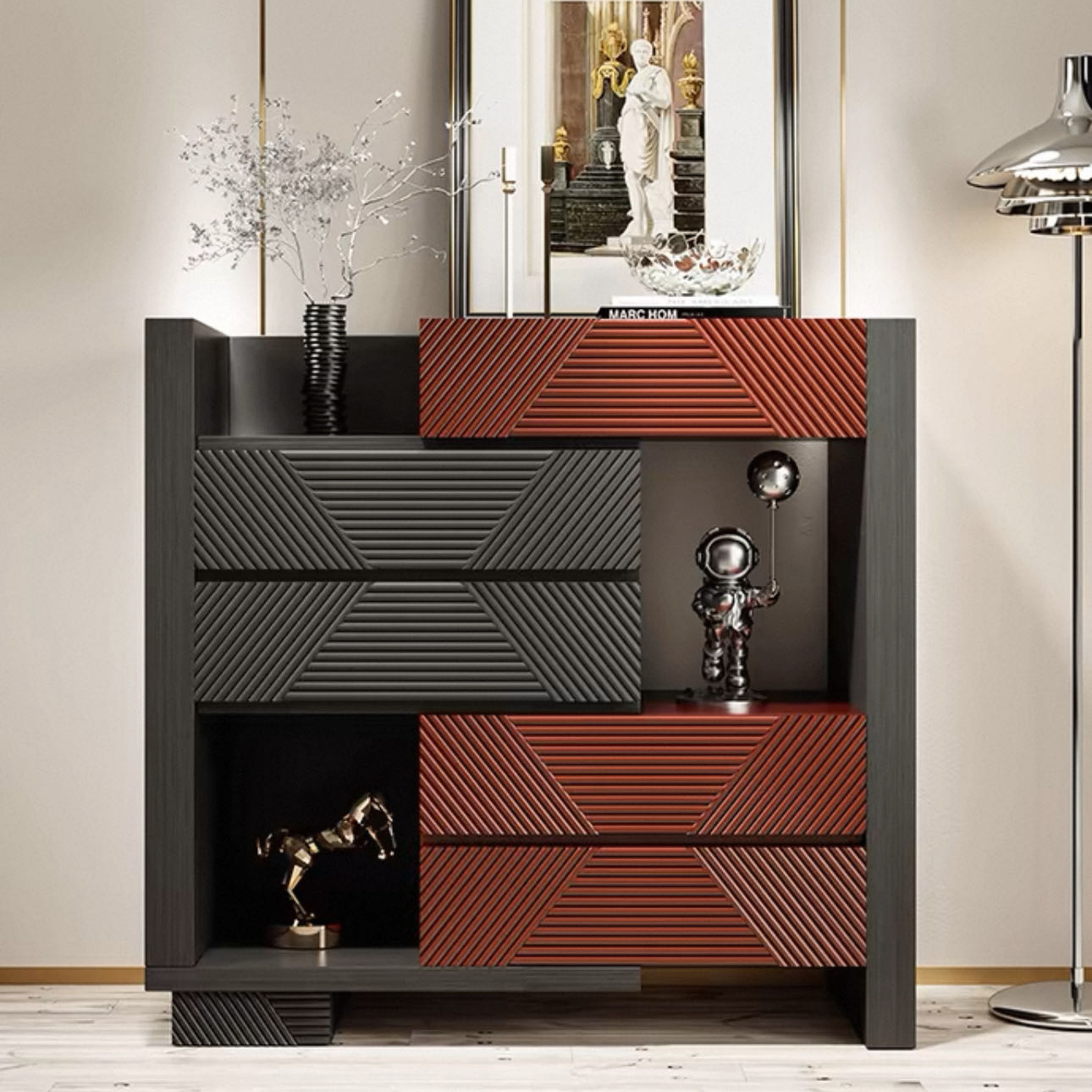 Интерьерный комод с открытыми полками комод Alseno (темно-серый + красный)