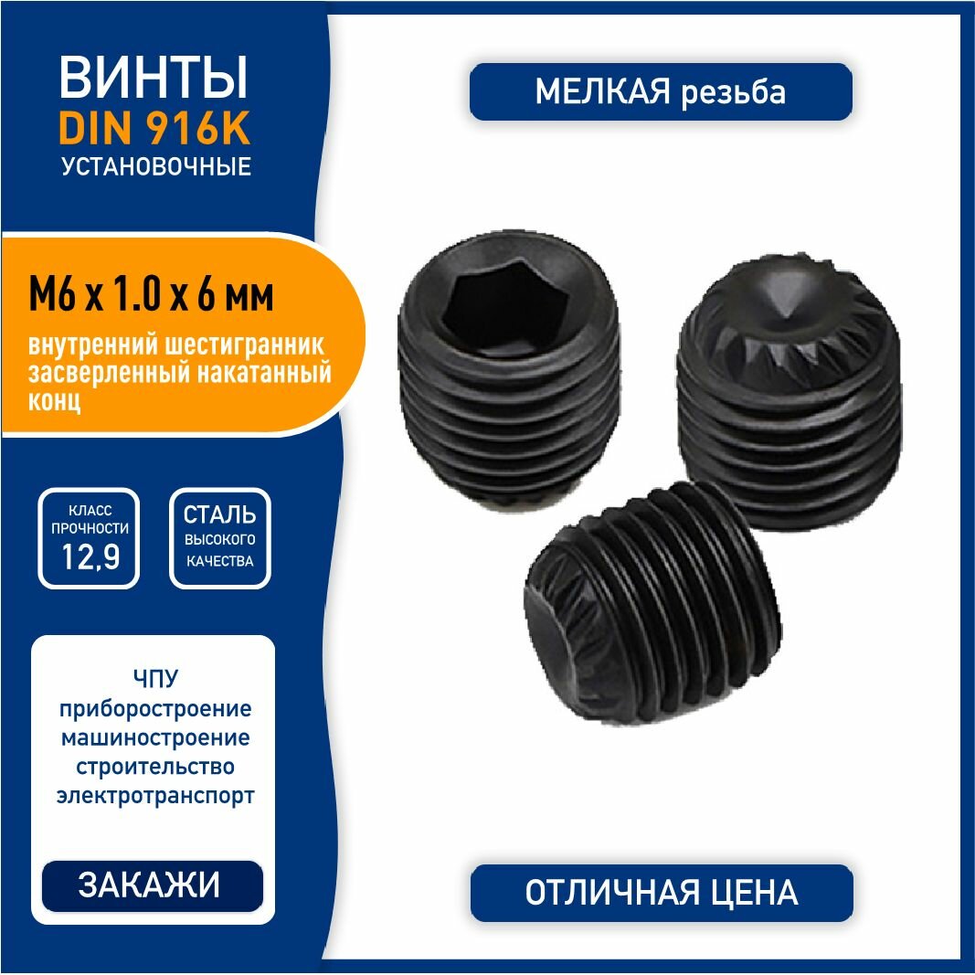 Винт установочный DIN 916K M6 х 1 х 6 мм с внутренним шестигранником и засверленным накатанным концом, мелкая резьба, сталь класса 12,9 черный, - 5 шт.
