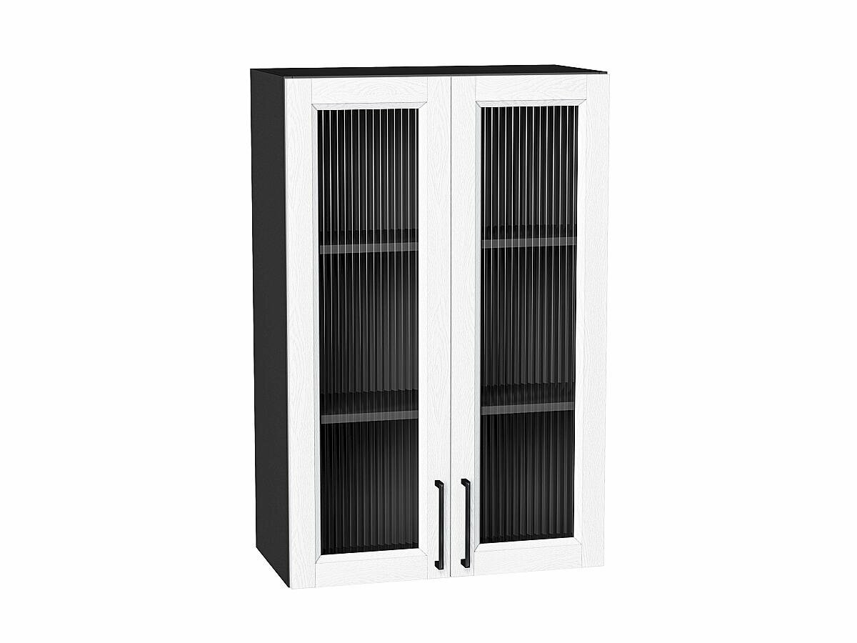 Шкаф верхний с 2-мя остекленными дверцами Сканди, цвет фасада White Silkwood, цвет каркаса Graphite, стекло Magic Moru V, 920*600*320 мм