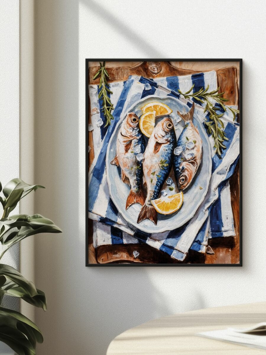 Постер на стену 30х40 см Натюрморт Рыба и лимон на кухню, плакат на бумаге без рамы