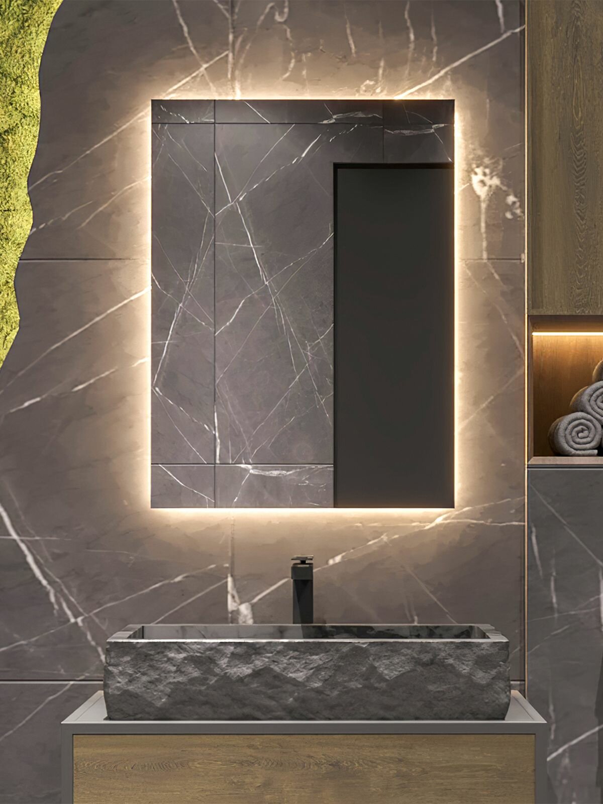 Зеркало настенное для ванной QTR Slavio Maluchini 60*60, тёплая LED-подсветка, без кнопки - от выключателя