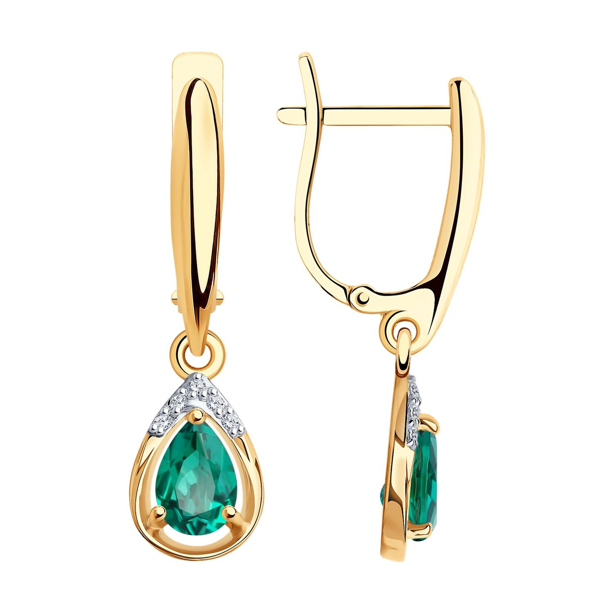 Серьги Diamant online, красное золото, 585 проба, изумруд синтетический, бриллиант