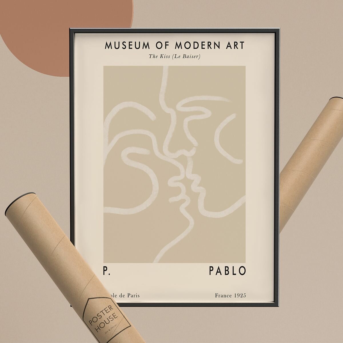 Постер Поцелуй 30х40 см без рамы/ Абстрактный, минималистичный, винтажный плакат/ Репродукция Пикассо, абстракция/ Эстетичный бежевый плакат, постер для интерьера