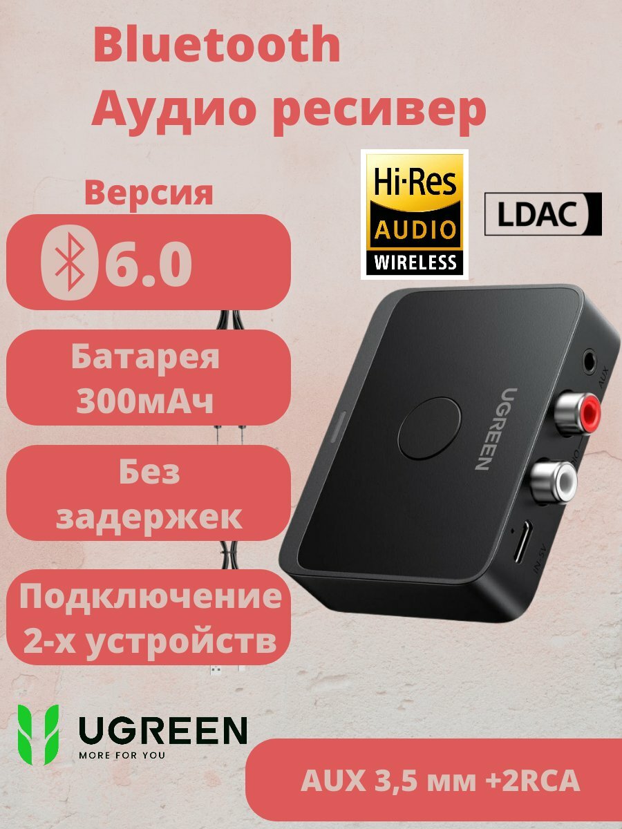 Аудиодаптер UGREEN BT505 (55545) Bluetooth 6.0 Receiver Audio Adapter. Цвет: черный