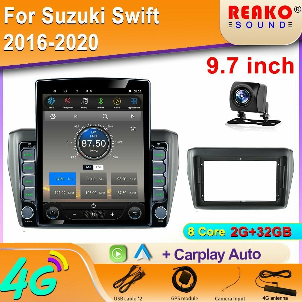 Магнитола для Suzuki Swift 2016-2020 , с камерой заднего вида. IPS экран 9.7 дюймов, Wifi 4din с сенсорным экраном, usb и блютузом.