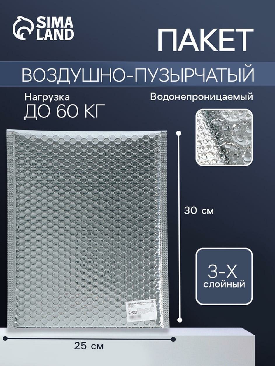 Пакет воздушно-пузырчатый, с клапаном и клеевым слоем, 25×30+4 см, п/э, 3 слоя, металлизированный