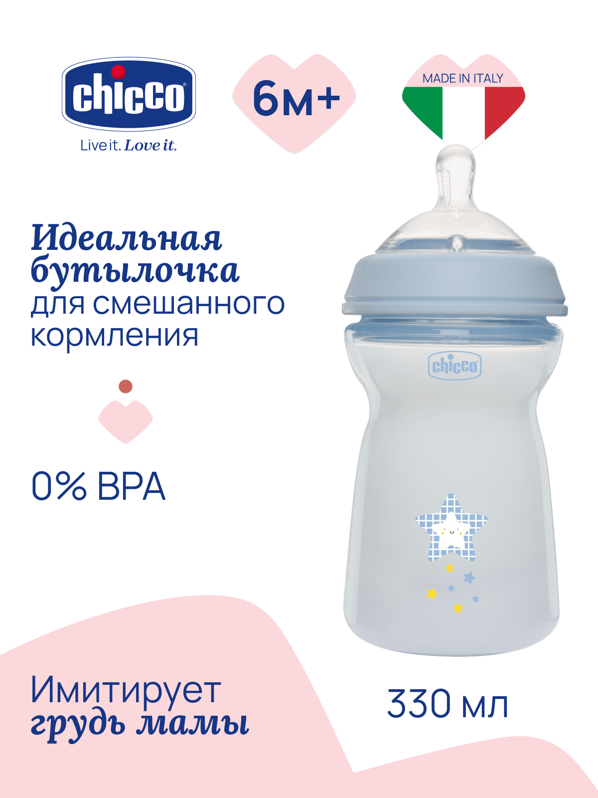 Chicco бутылочка для кормления Natural Feeling 330 мл голубая 6м+