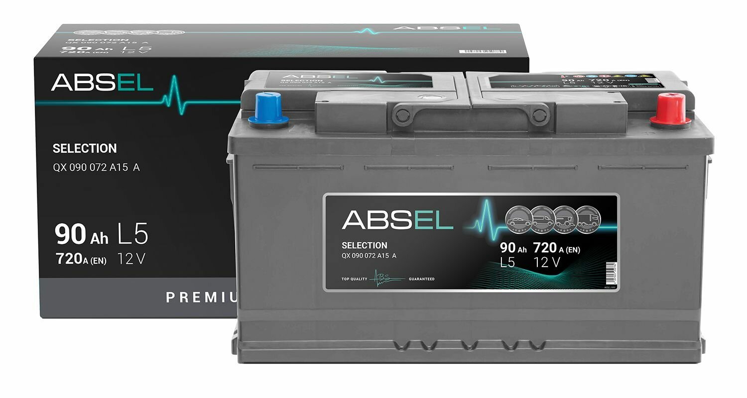 Автомобильный аккумулятор ABSEL "Selection", 12 В L5 90 Ач 720 A ОП легковая, type Euro 353х175х190 мм (QX090072A15A)