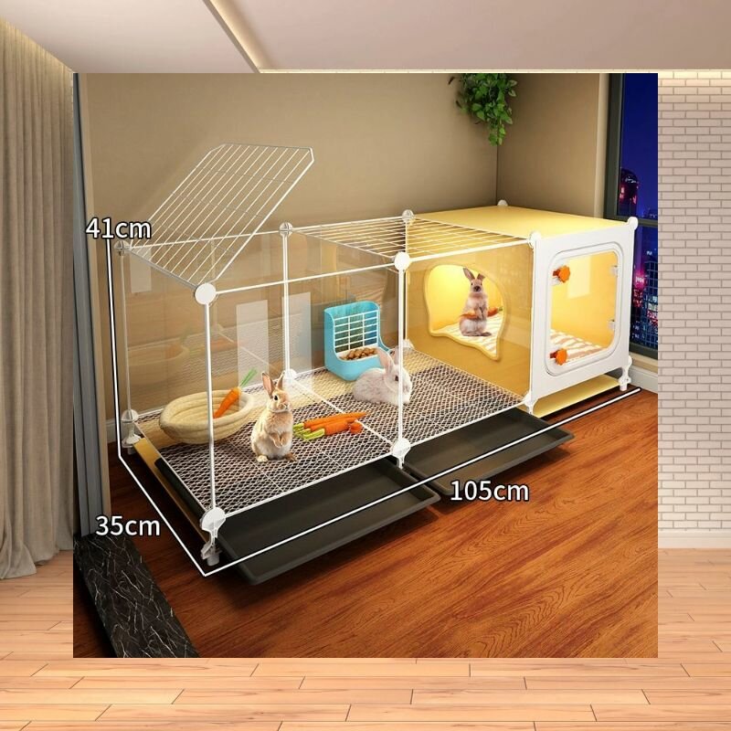 Премиум вольер для кроликов с прозрачными стенами домик-студия с гостиной, туалетом и безопасной сеткой, на колесиках, со съемным поддоном и зонированием