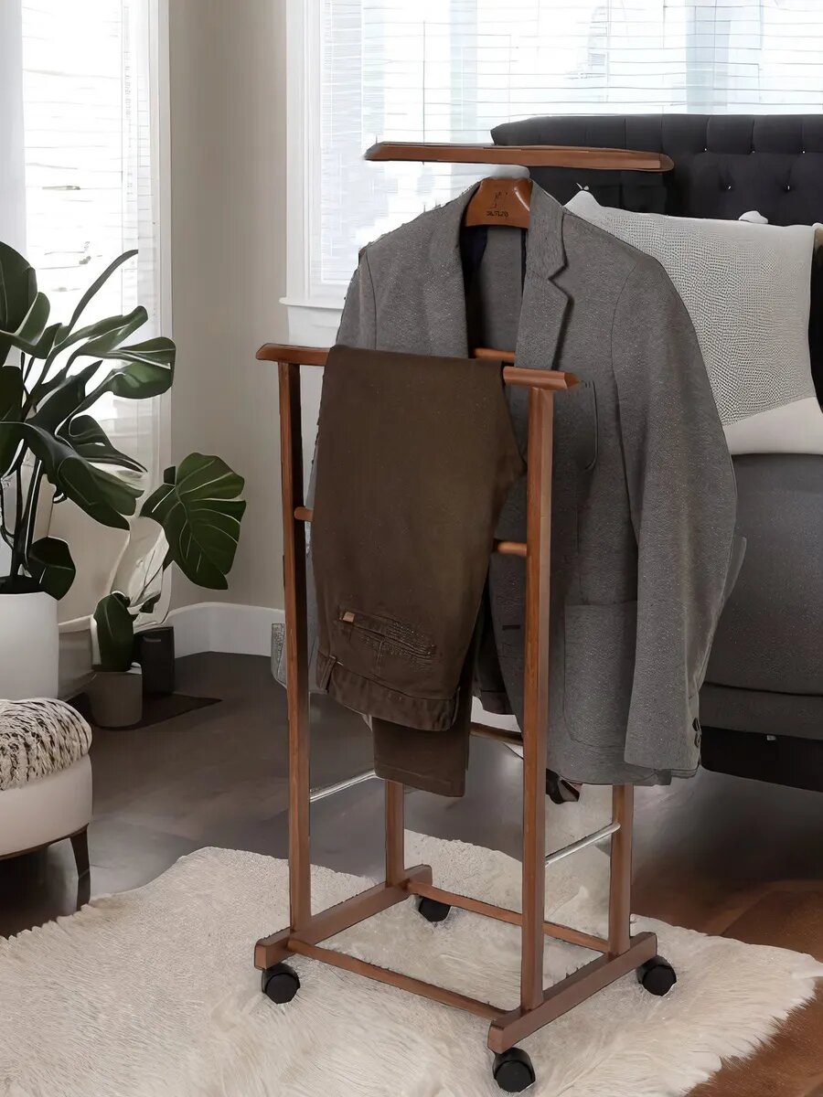 Вешалка напольная для одежды деревянная Женева люкс двойная на колесах массив бука цвет орех