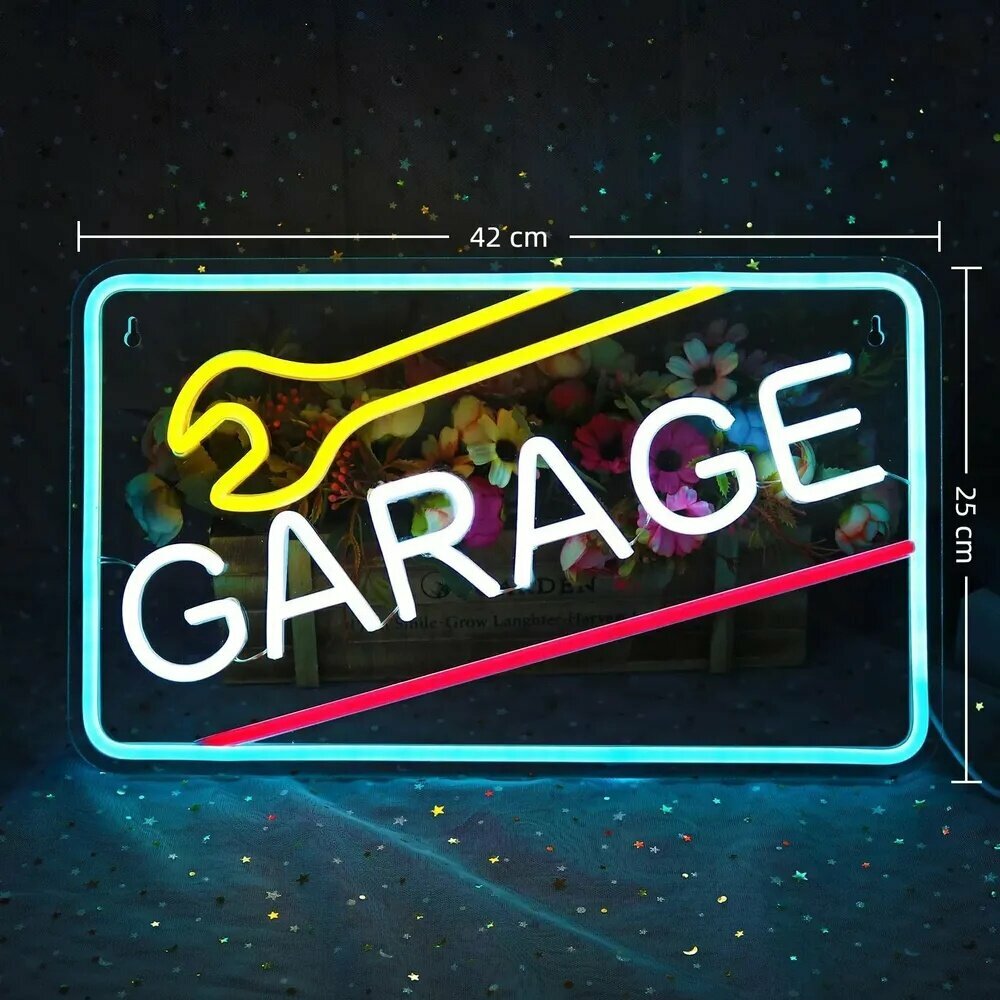 Неоновая LED-вывеска Garage с гаечным ключом светящаяся настенная табличка для автосервиса и мастерской