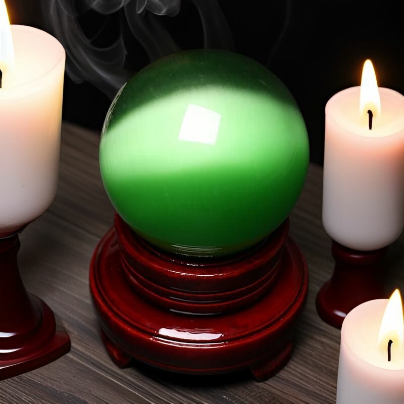 Зеленый кошачий глаз Магический хрустальный шар, гадание, ритуал, Диаметр 5 см, С основанием