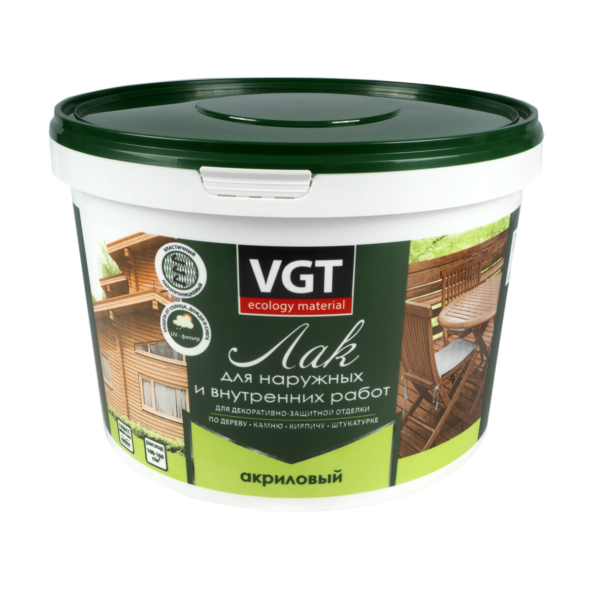 Лак для декоративно-защитной отделки VGT глянцевый, для наружных и внутренних работ, 9 кг