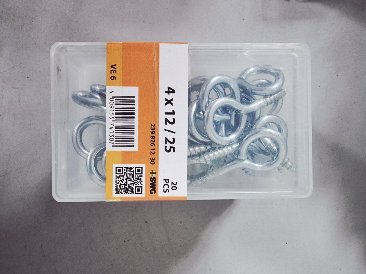 Шуруп крюк-кольцо крепежный 4*12/25 (20 шт-1упк*3 упк) SWG, Германия