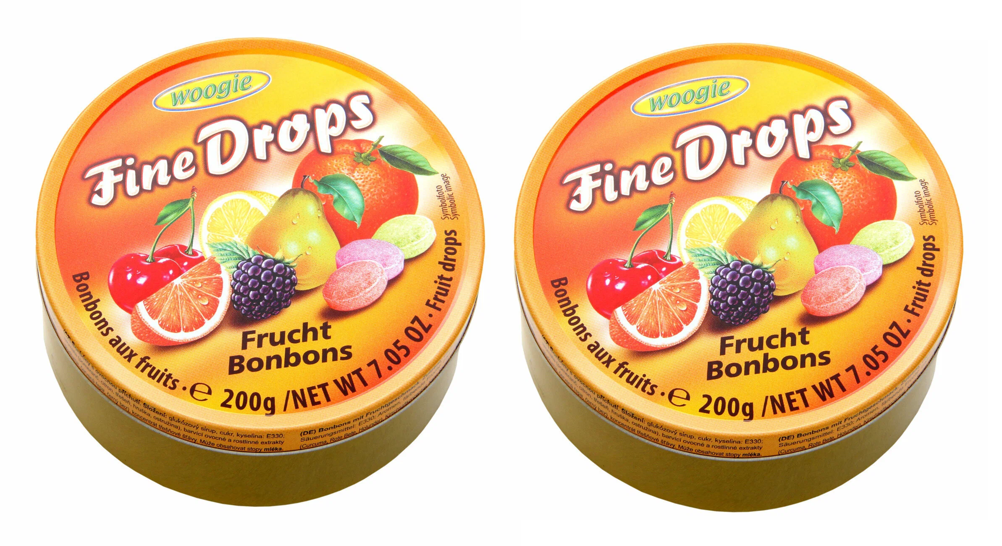 Леденцы в банке Фруктовые Fine Drops, Woogie, 2шт по 200гр , мет. банка