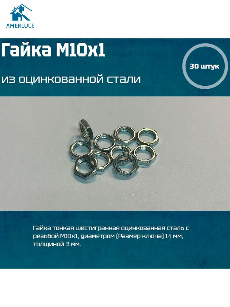 Гайка шестигранная оцинкованная сталь с резьбой M10x1 14x3 мм, 30 шт, для светильников и люстр