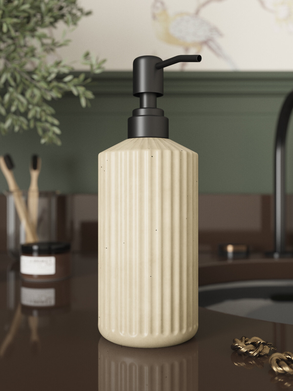 Дозатор для жидкого мыла Chloe Slim с металлической черной помпой 250 мл, бетон, кремовый глянцевый