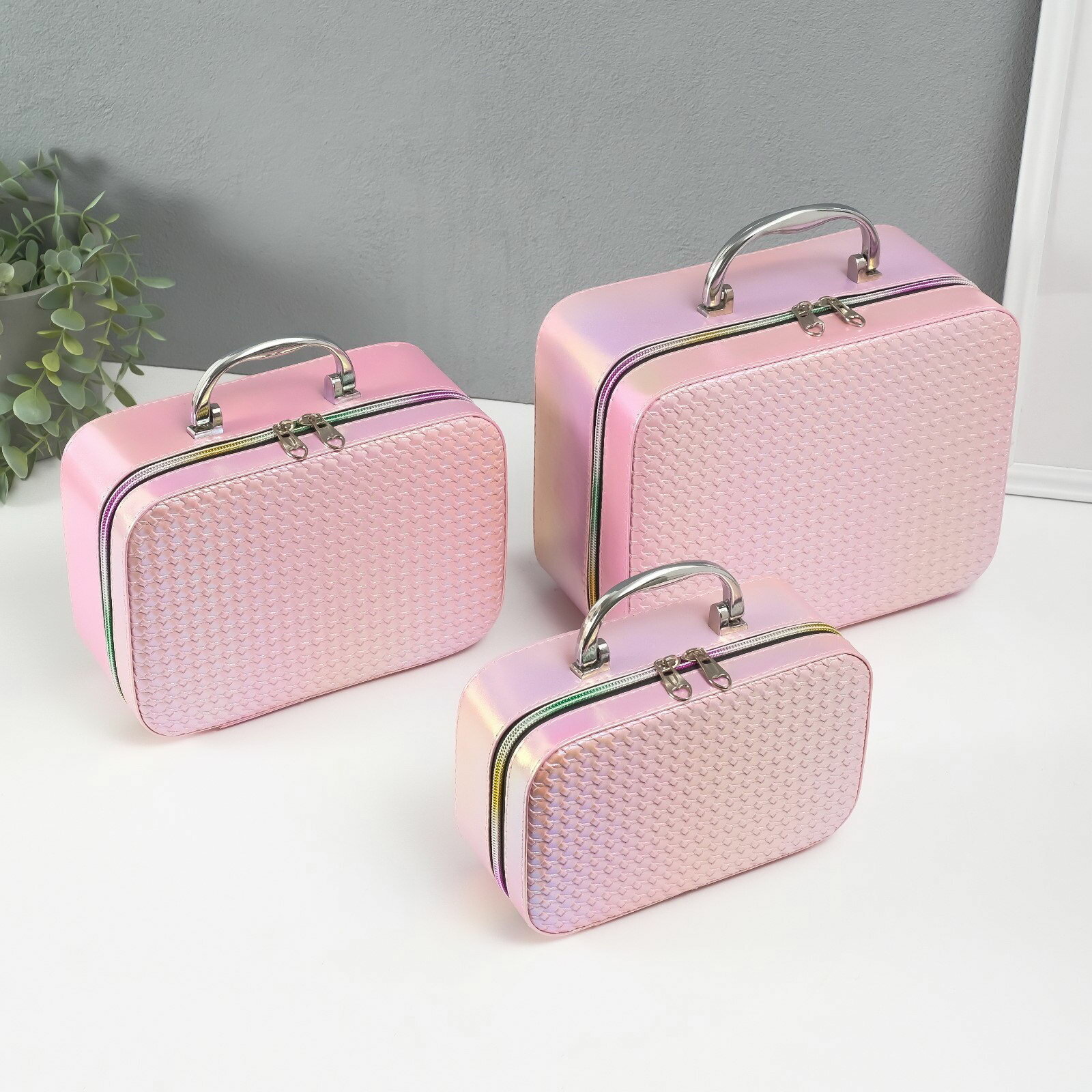 Набор шкатулок для украшений с зеркалом "Плетение", 3 шт, искусственная кожа, розовая