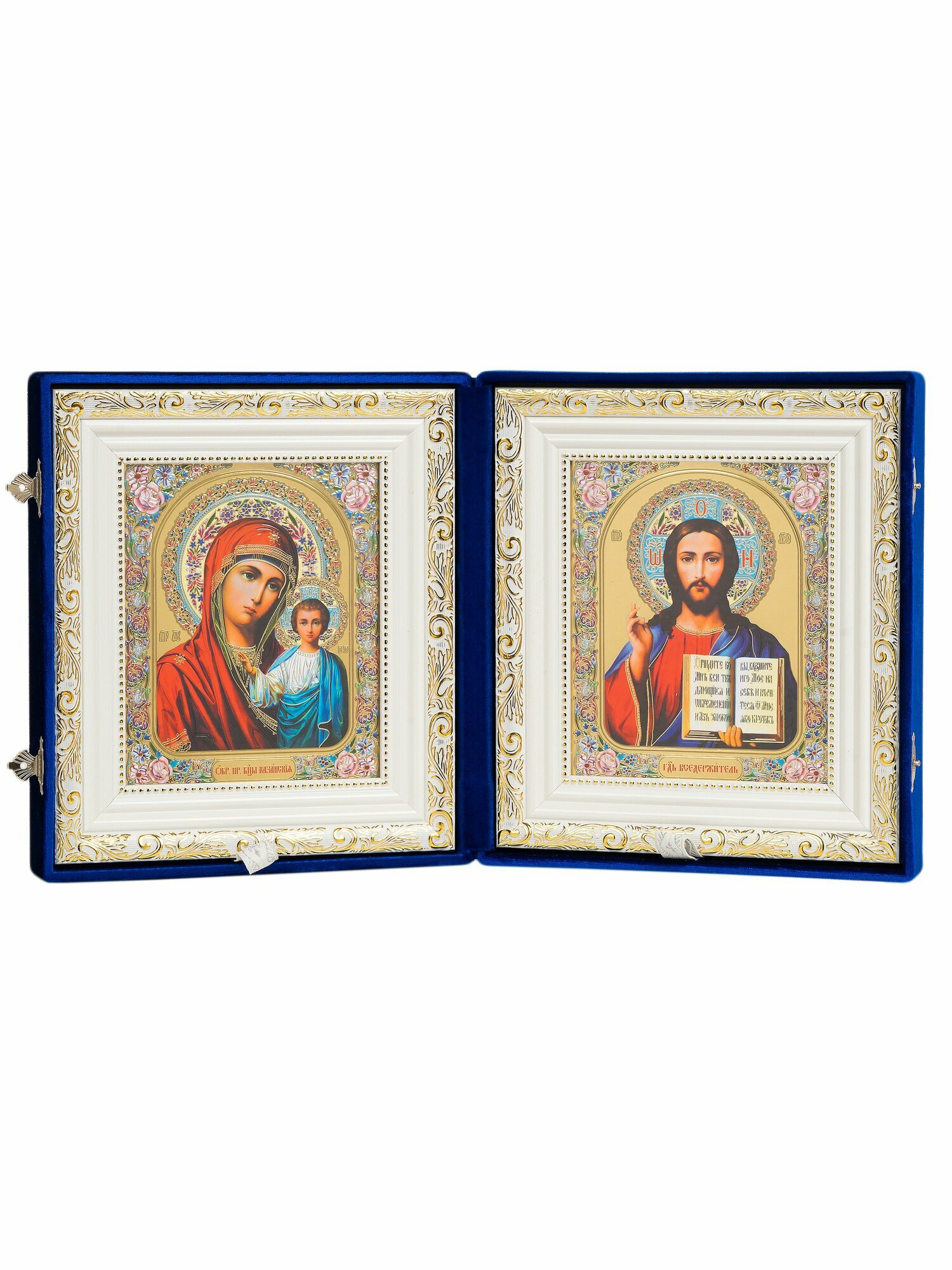 Складень венчальный, синий бархат, вышитые уголки и крест, 26х23 см