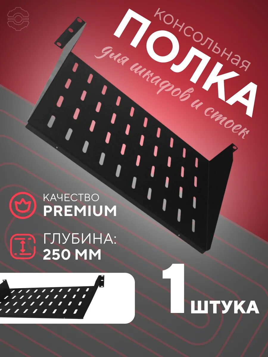 Полка консольная металлическая для шкафов и стоек 19 дюймов 250мм 2U