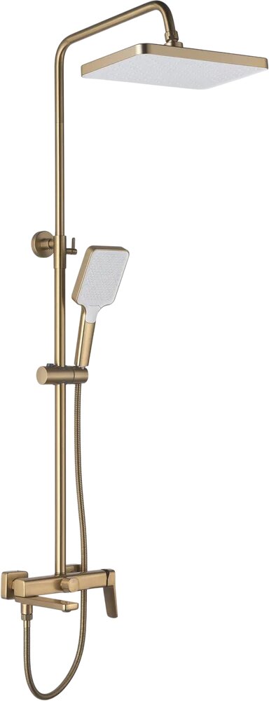 Душевая стойка Shevanik S9936G со смесителем, золотая, матовая, с тропическим душем, с изливом, с лейкой, душевая система, латунная, рычаг сбоку