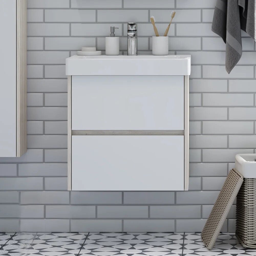 Тумба с раковиной AQUATON Сканди 55 подвесная, 55 см, белая, светлое дерево, глянцевая, с ящиками, раковина для ванной фарфоровая, прямоугольная, встроенный слив-перелив