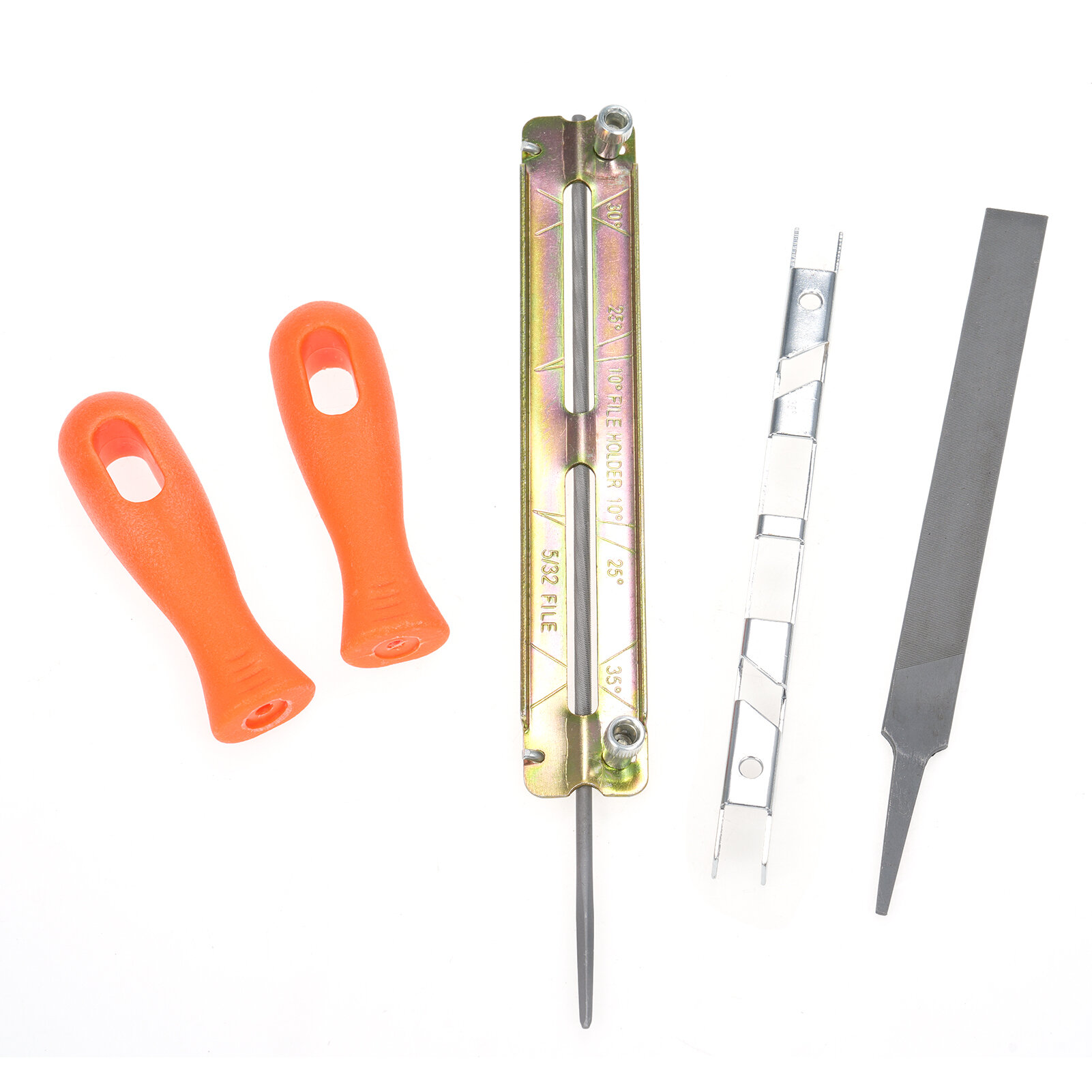 Набор для заточки цепных пил: рукоятка, напильник, плоские напильники, держатель, ограничительная линейка, используется для заточки зубьев цепной пилы, набор из 6 предметов.