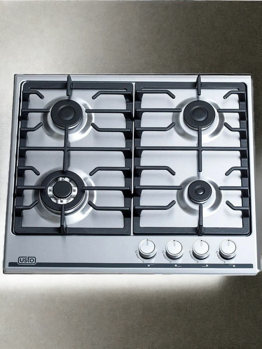 Варочная панель газовая USTO, 60см, 4 конфорки, газ-контроль, WOK конфорка, чугунные решётки, нержавеющая сталь, Турция