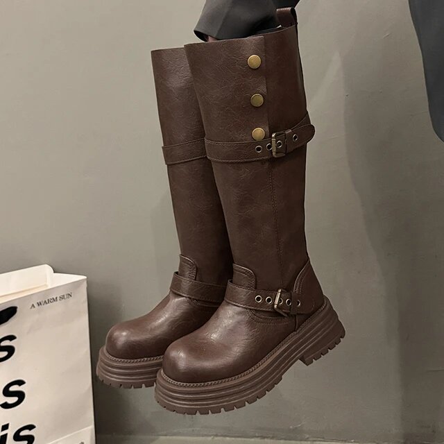 Женские сапоги до колена в стиле панк на платформе, модные туфли, увеличивающие рост, женские рыцарские сапоги