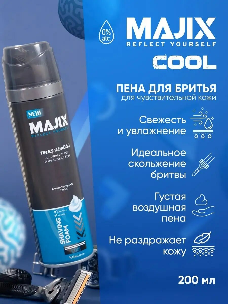 Пена для бритья охлаждающая от раздражений кожи большой объем Majix Cool 200 мл мягкая пенка с аллантоином, алоэ вера и витамином Е. Без спирта, 200 мл