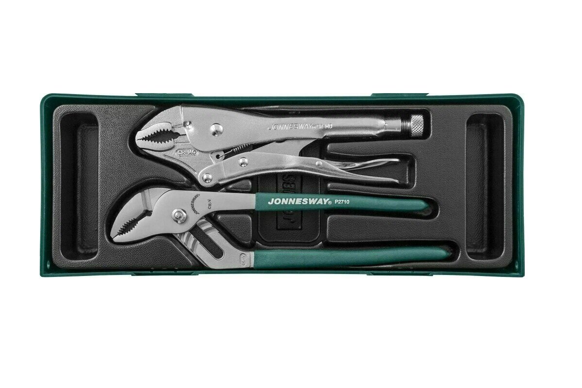 Комплект P2710ST Jonnesway, 48190, клещи переставные P2710 и ручные тиски P32M10A в ложементе