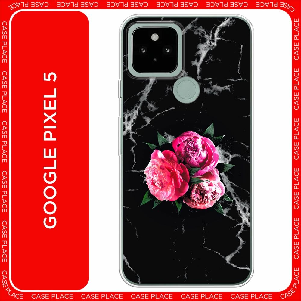 Чехол на Google Pixel 5 / Гугл Пиксель 5 с принтом "Букет на черном мраморе"