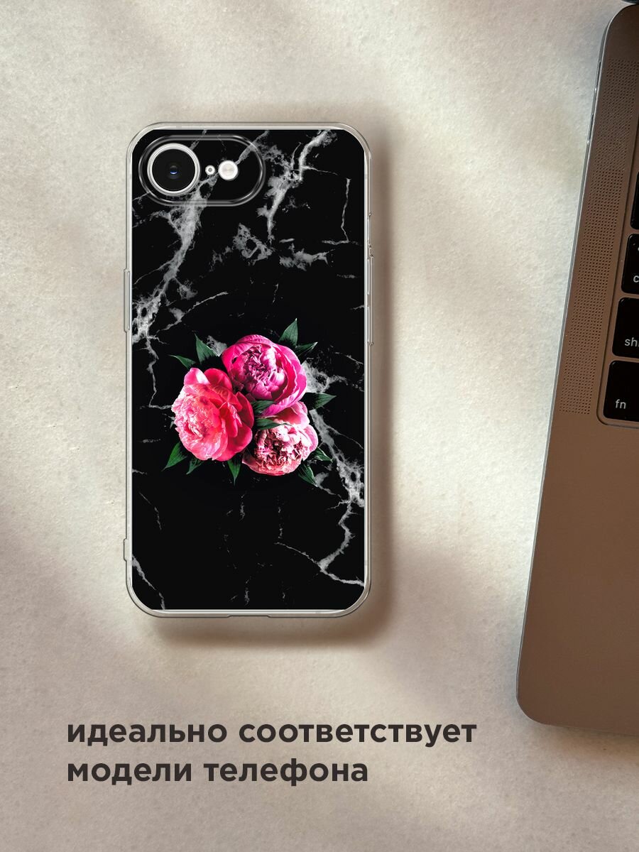 Чехол на Apple iPhone 16e/17e / Айфон 16е/17e с принтом "Букет на черном мраморе" — фото 1