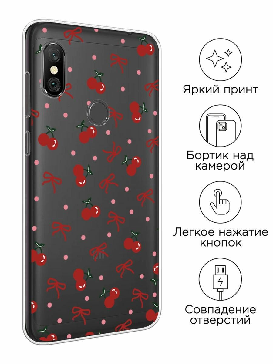 Чехол на Xiaomi Redmi Note 6 Pro / Сяоми Редми Нот 6 Про с принтом "Вишни и ленточки", прозрачный — фото 1