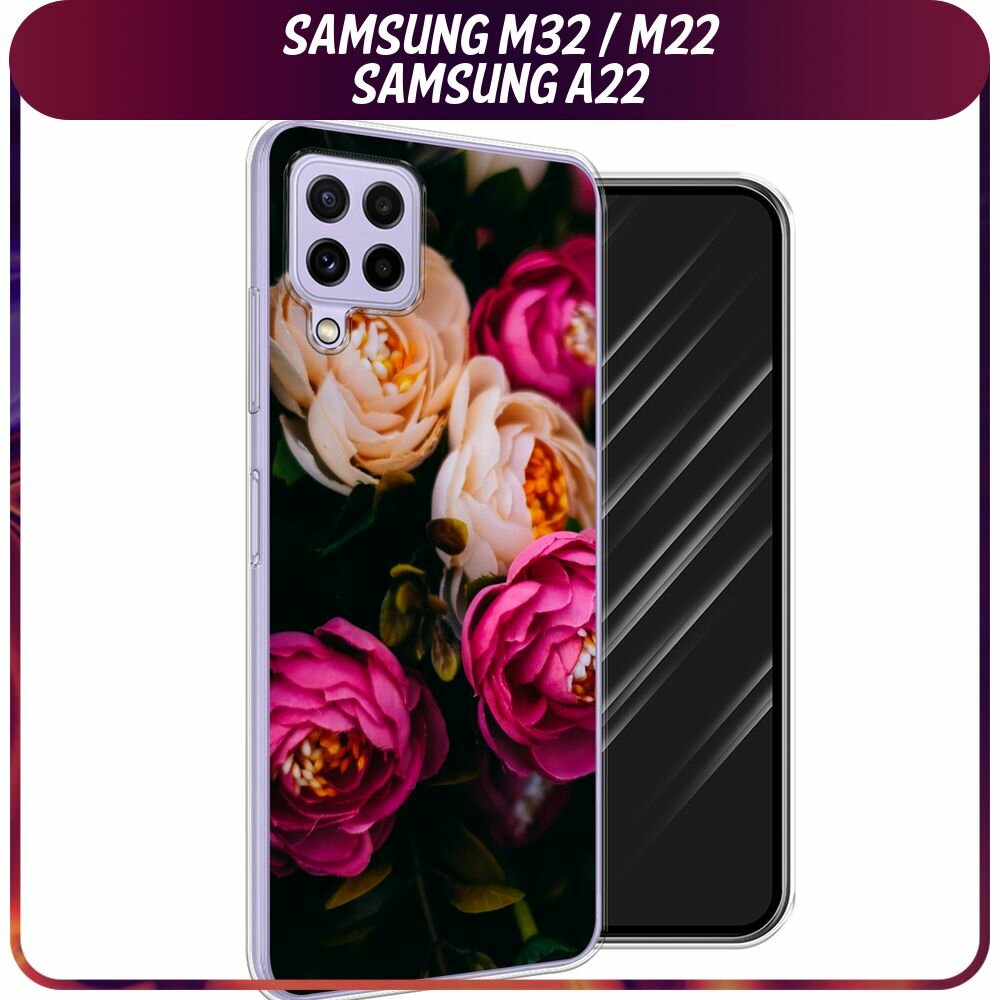Чехол на Samsung Galaxy A22 / Самсунг Галакси A22 с принтом "Розовые пионы на черном"