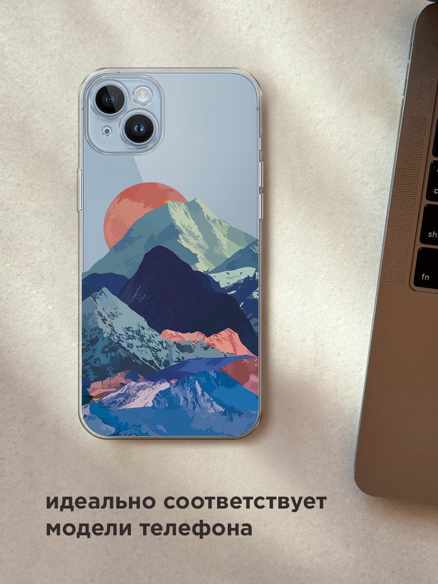 Чехол на Apple iPhone 14 / Айфон 14 с принтом "Закат в снежных горах", прозрачный — фото 1
