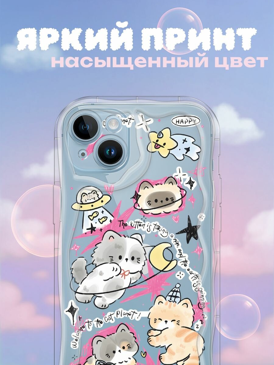 Чехол на Apple iPhone 14 / Айфон 14 с принтом "Космокотики", прозрачный — фото 1