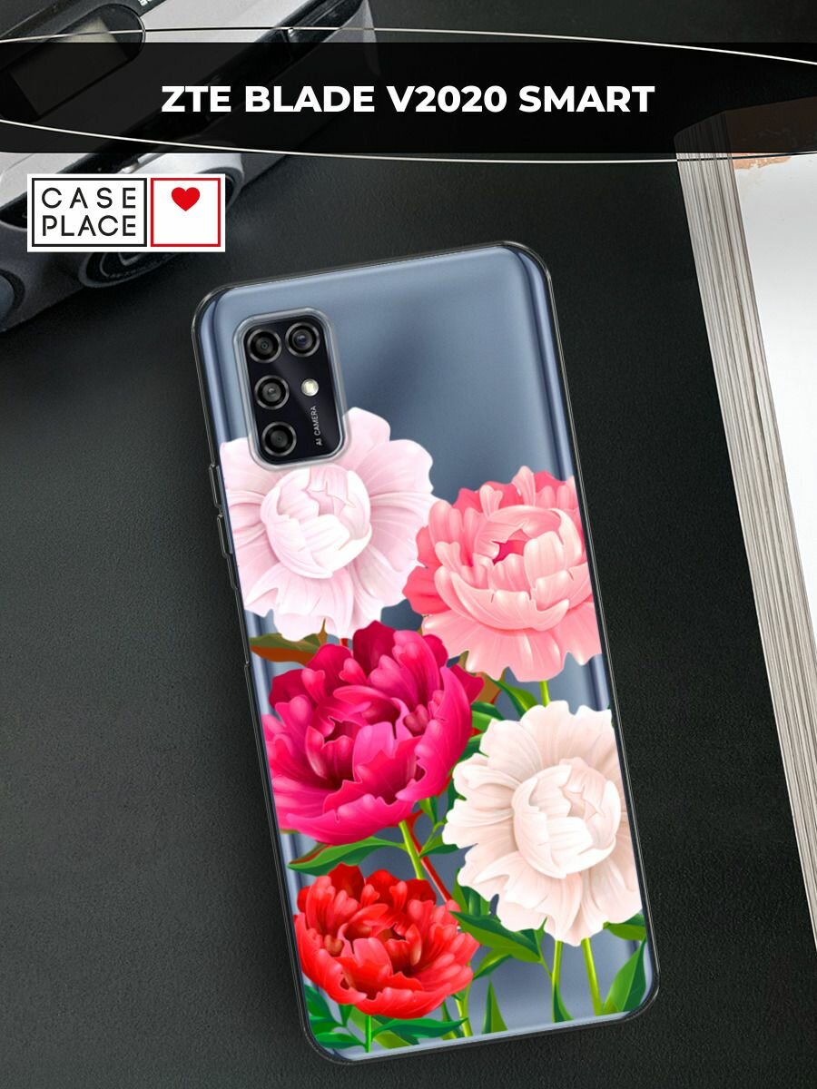 Чехол на ZTE Blade V2020 Smart / ЗТЕ Блейд В2020 Смарт с принтом "Большие пионы", прозрачный