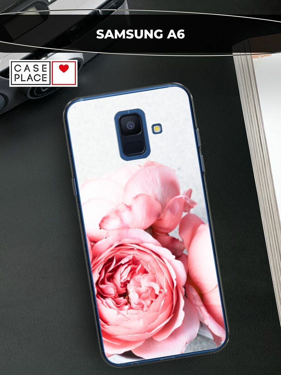 Чехол на Samsung Galaxy A6 / Самсунг Галакси А6 с принтом "Пионы на белом"