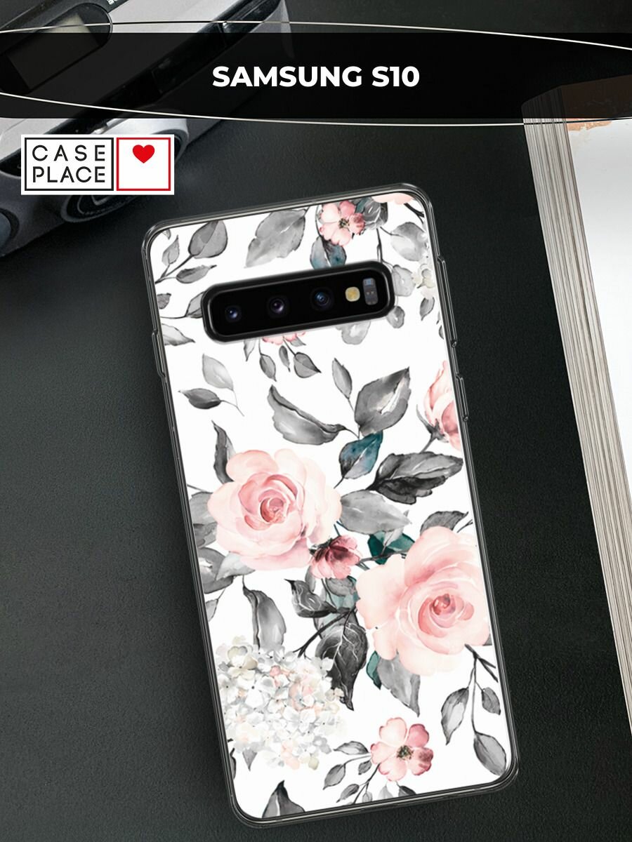 Чехол на Samsung Galaxy S10 / Самсунг Галакси S10 с принтом "Розы на белом"