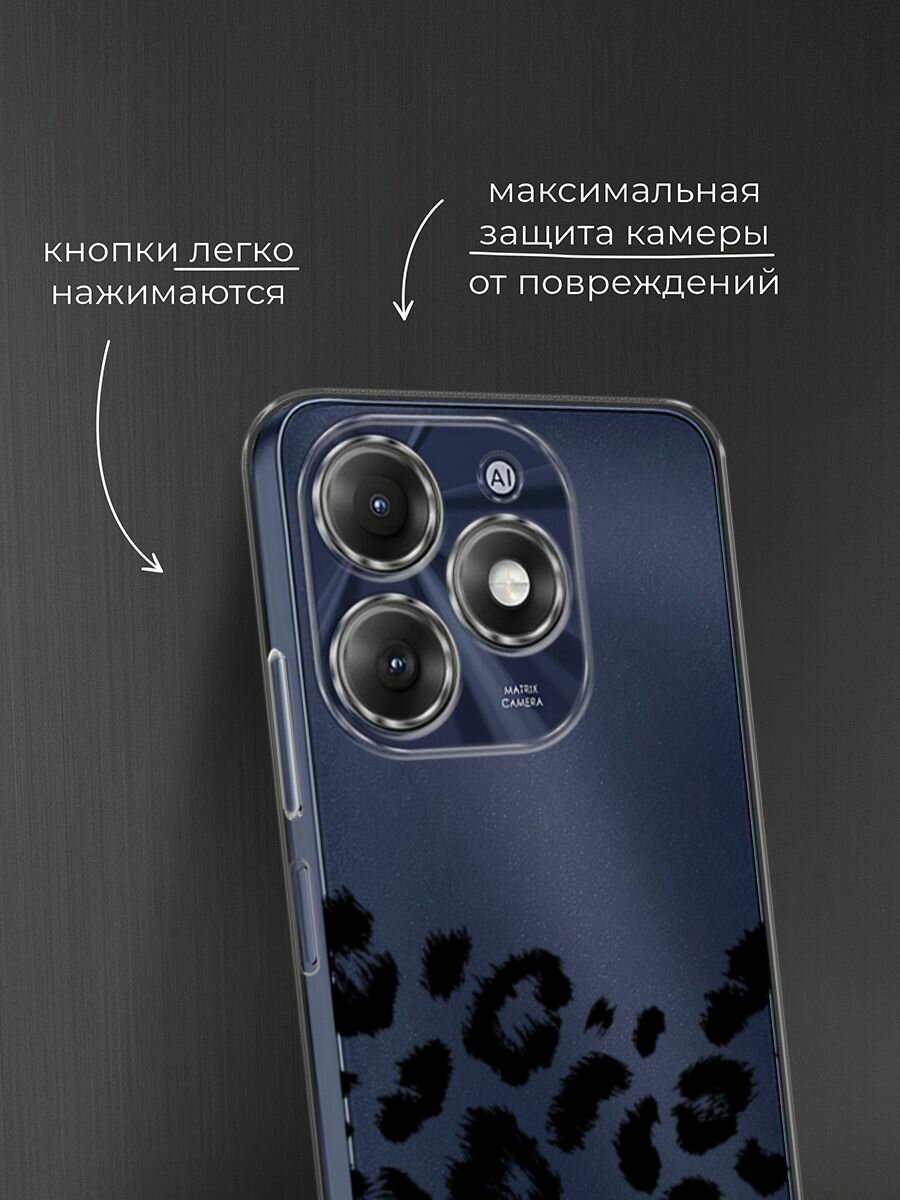 Чехол на Itel A70 / Ител А70 с принтом "Окрас леопарда фон черный", прозрачный — фото 1