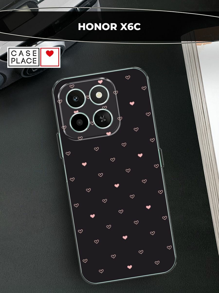 Чехол на Honor X6c / Хонор X6c с принтом "Черный фон и сердечки"