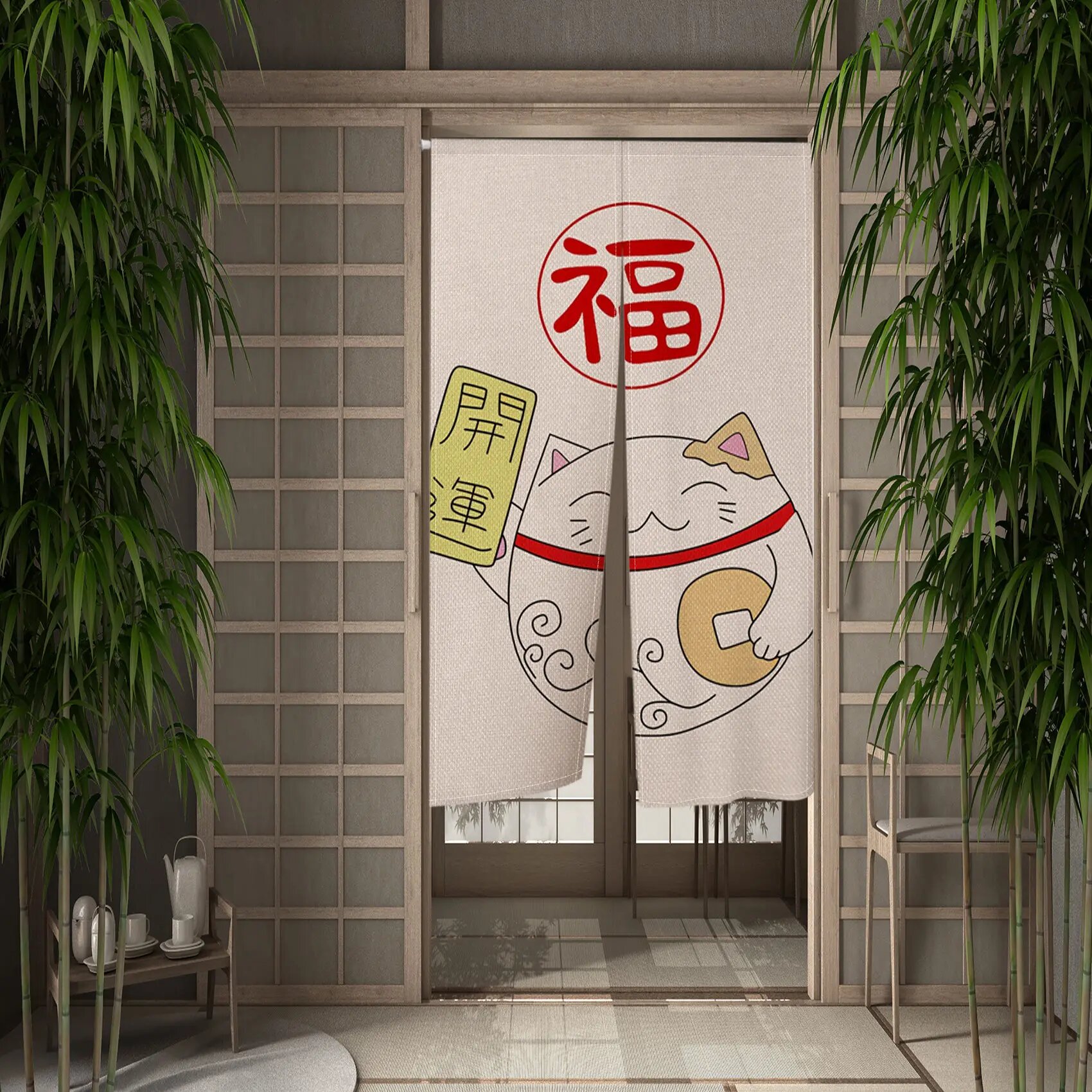 Японская занавеска на дверь Lucky Cat из льна, 85x150cm, Белый