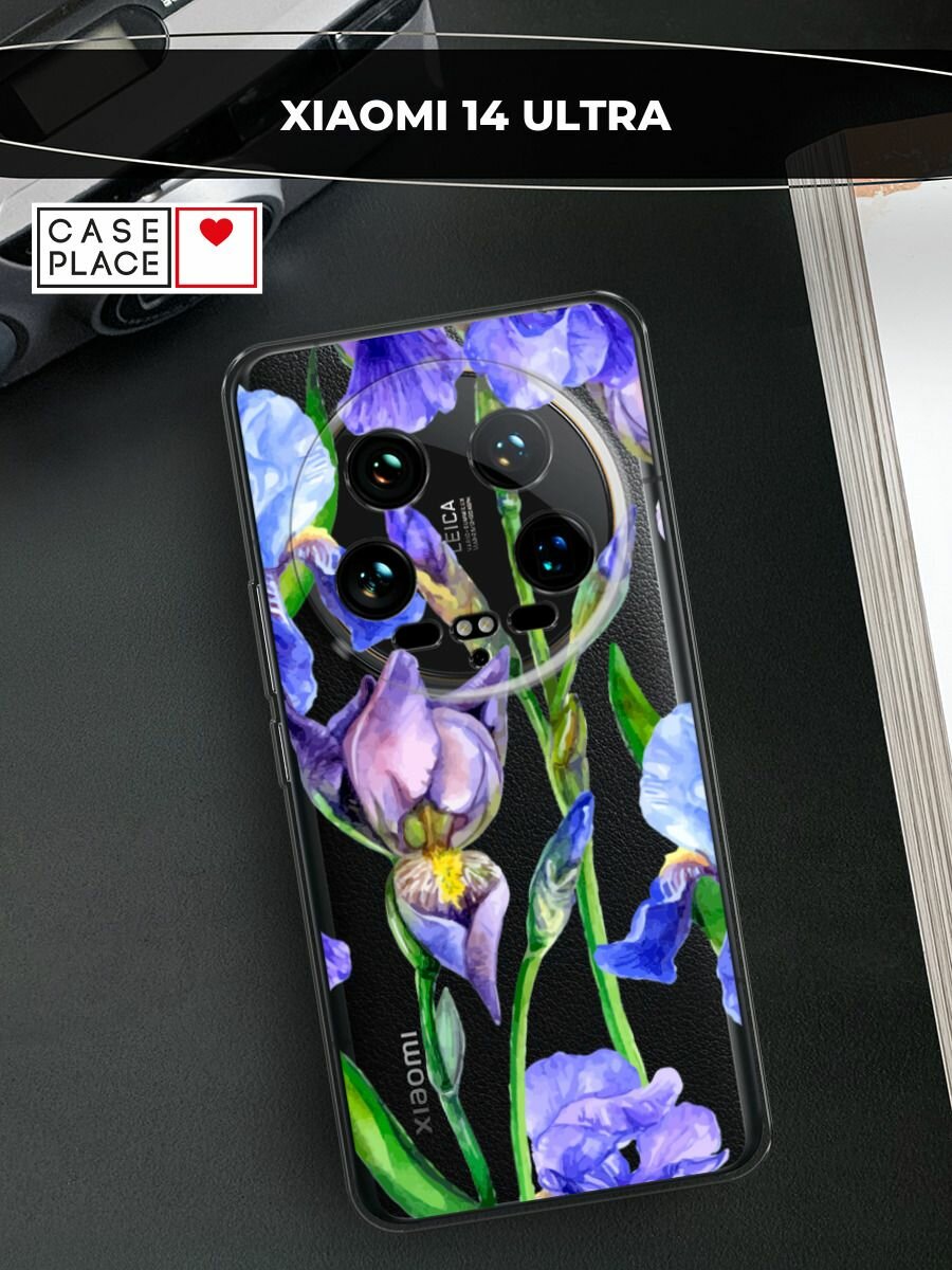 Чехол на Xiaomi 14 Ultra / Сяоми 14 Ультра с принтом "Синие ирисы", прозрачный